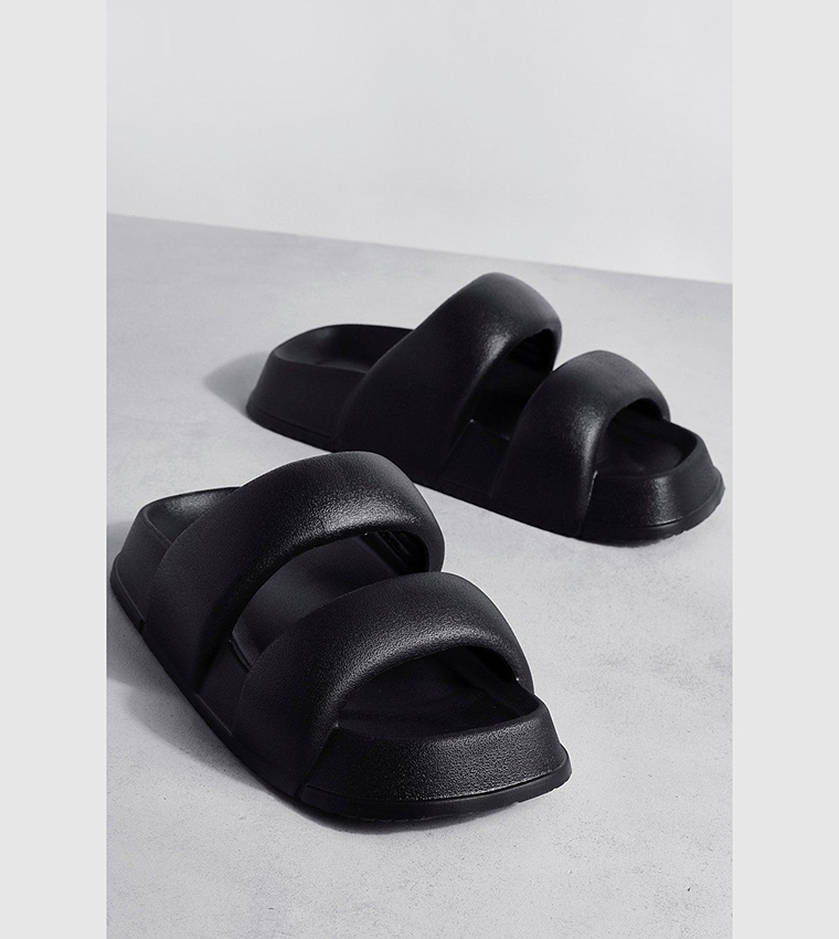 Buy Boohoo Chunky Square Double Strap Toe Slides In Black | 6thStreet Qatar