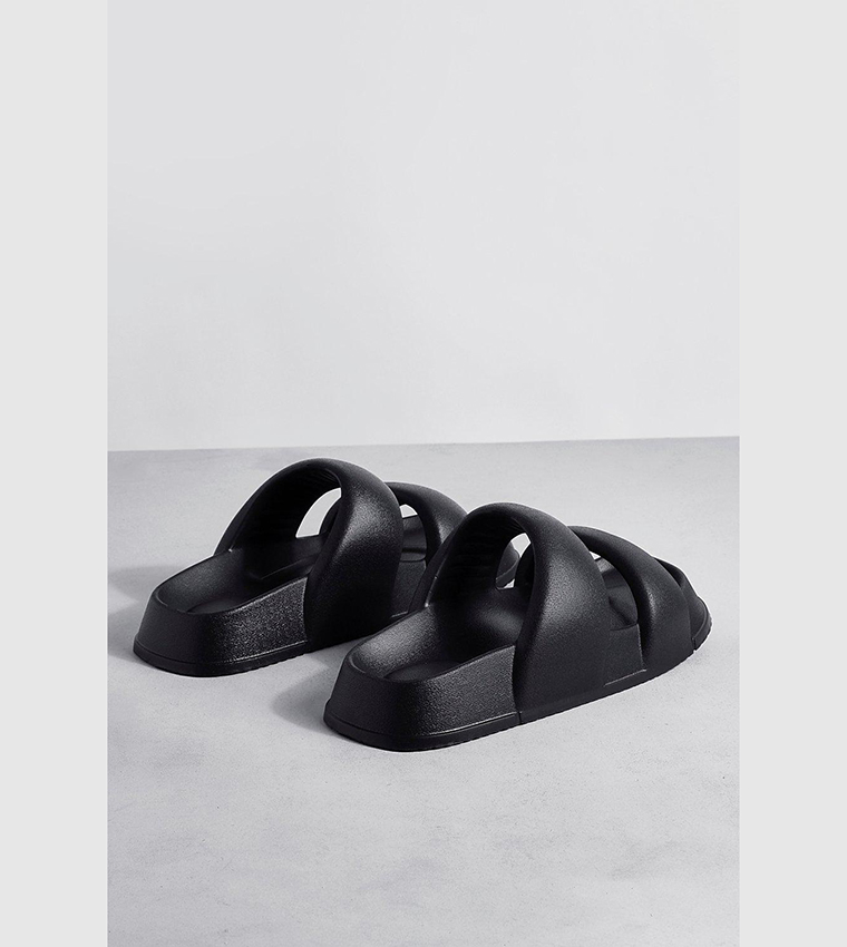 Buy Boohoo Chunky Square Double Strap Toe Slides In Black | 6thStreet Qatar