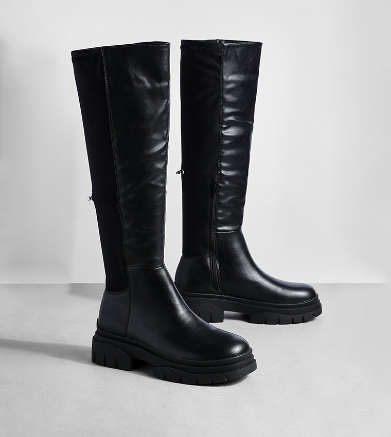 Buy Boohoo Stretch Panel Knee High Chunky Boots In Black | 6thStreet ...