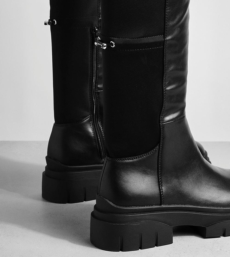 Buy Boohoo Stretch Panel Knee High Chunky Boots In Black | 6thStreet ...