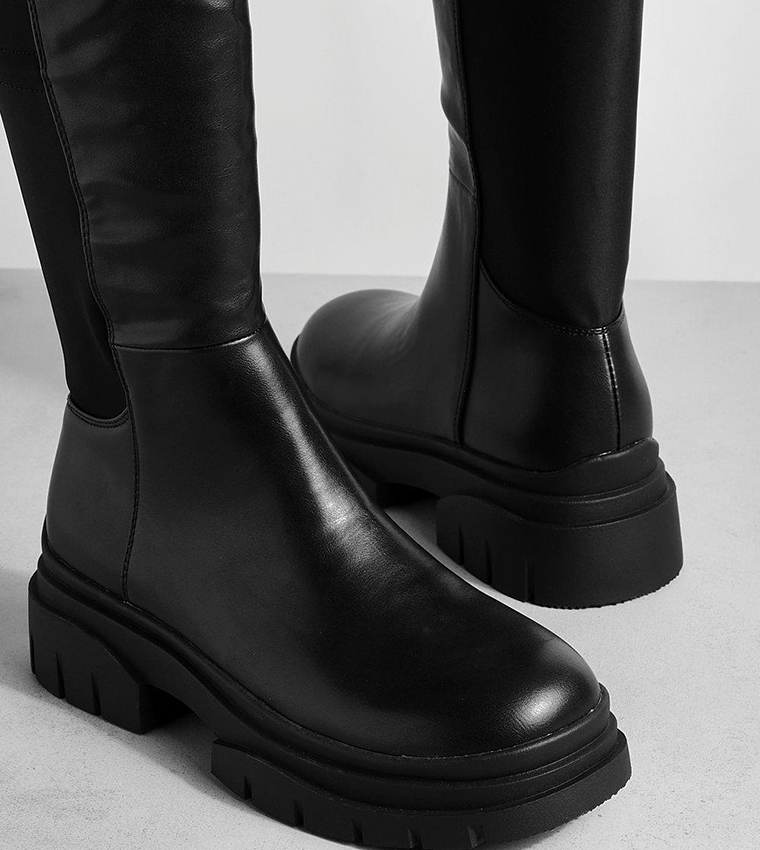 Buy Boohoo Stretch Panel Knee High Chunky Boots In Black | 6thStreet ...