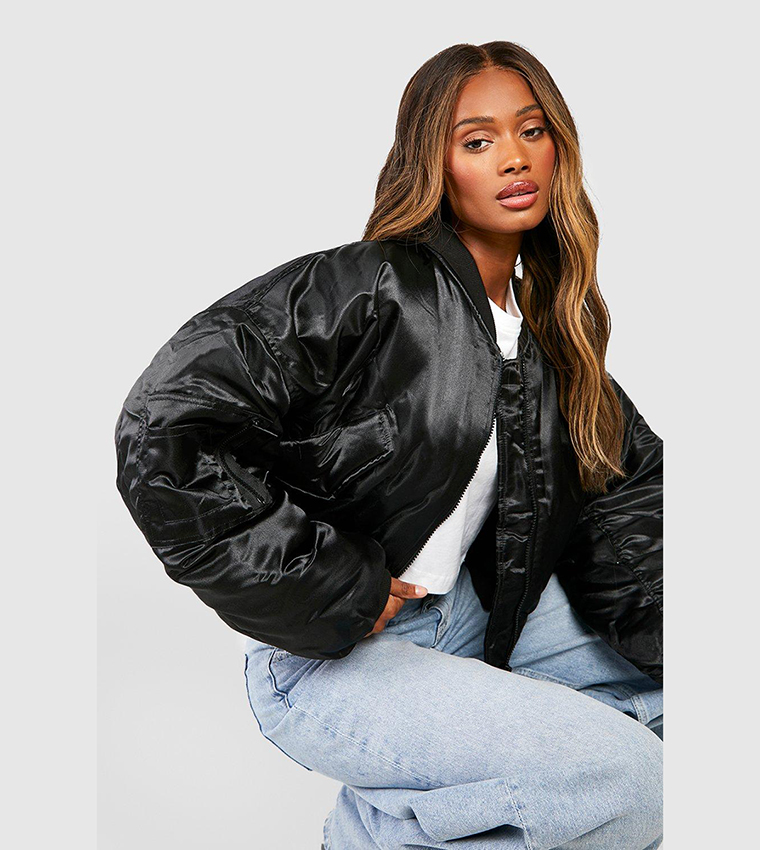 Buy Boohoo Batwing Satin Oversized Bomber Jacket In Black | 6thStreet ...