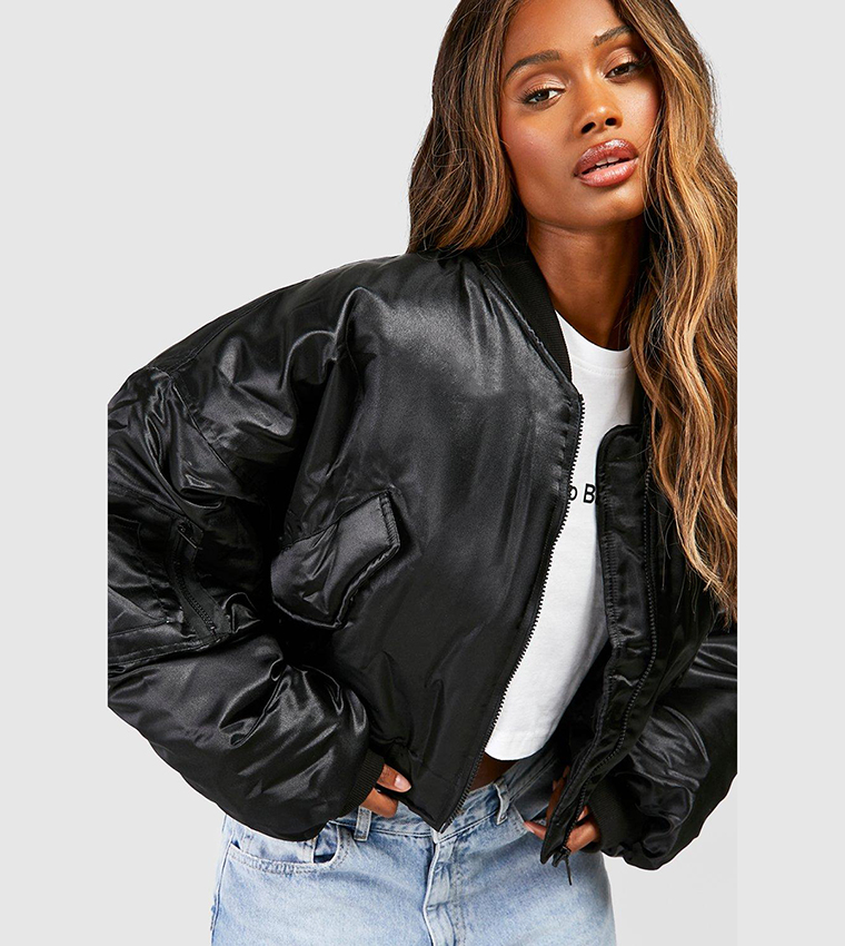 Buy Boohoo Batwing Satin Oversized Bomber Jacket In Black | 6thStreet ...