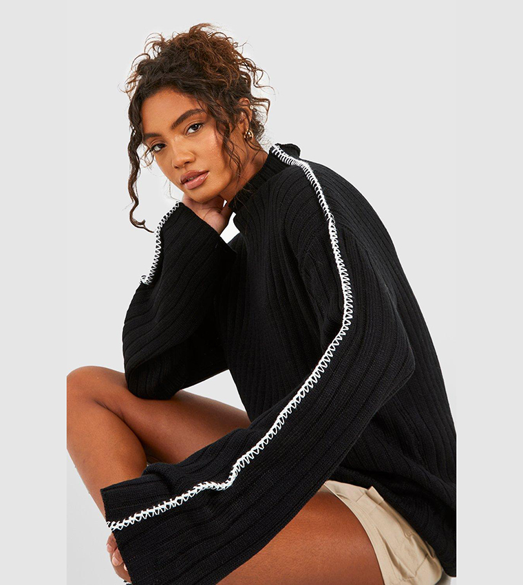 Buy Boohoo Tall Whipstitch Funnel Neck Rib Knitted Jumper In Black ...