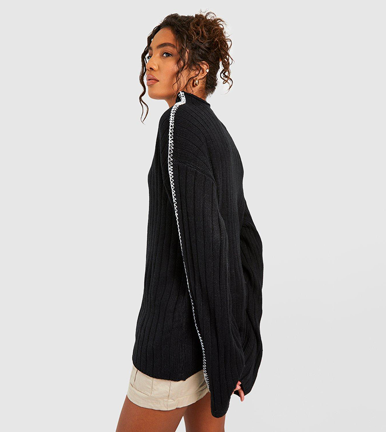 Buy Boohoo Tall Whipstitch Funnel Neck Rib Knitted Jumper In Black ...