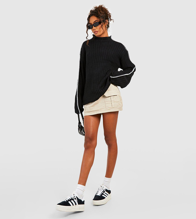Buy Boohoo Tall Whipstitch Funnel Neck Rib Knitted Jumper In Black ...