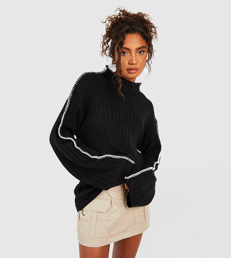 Buy Boohoo Tall Whipstitch Funnel Neck Rib Knitted Jumper In Black ...