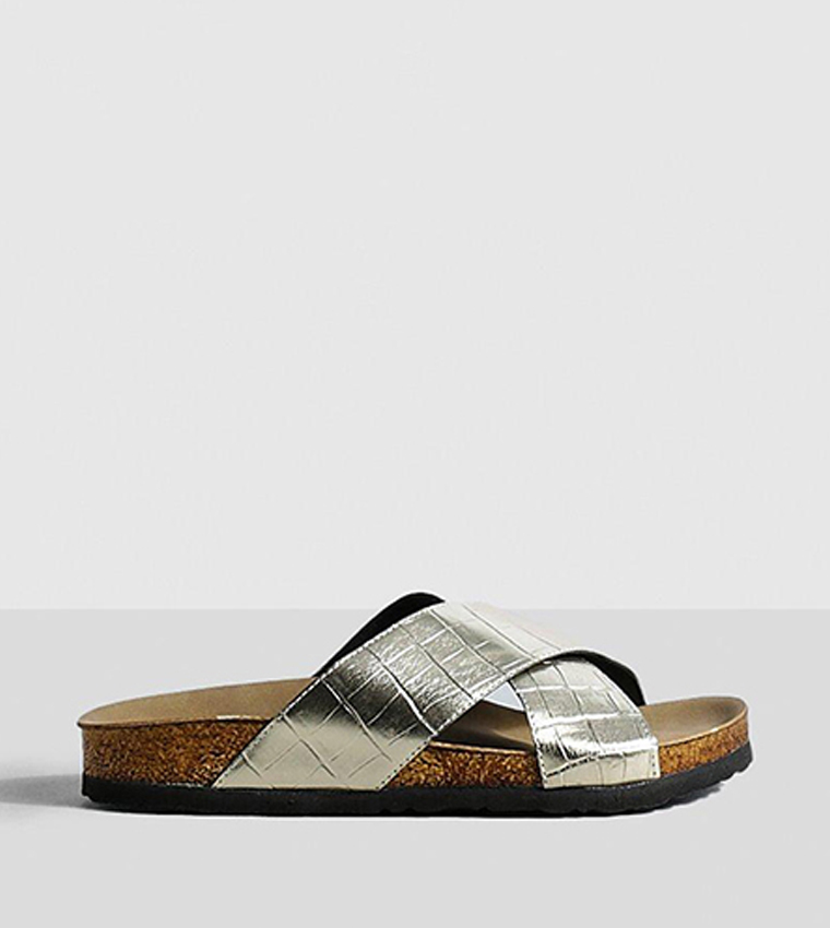 Buy Boohoo Wide Fit Metallic Croc Cross Strap Footbed Slides In Gold ...