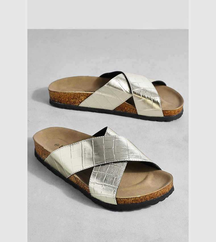 Buy Boohoo Wide Fit Metallic Croc Cross Strap Footbed Slides In Gold ...