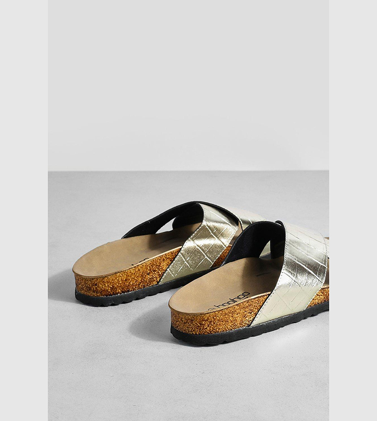 Buy Boohoo Wide Fit Metallic Croc Cross Strap Footbed Slides In Gold ...