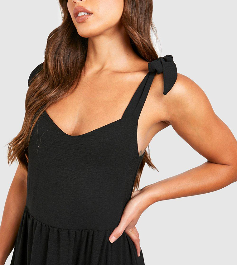 Buy Boohoo Tall Woven Tie Shoulder Tiered Maxi Dress In Black