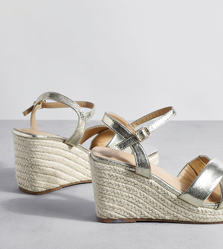 Buy Boohoo Wide Fit Metallic Square Toe Cross Strap Wedges In Gold ...