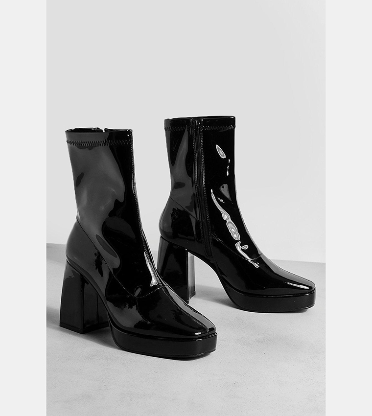 Buy Boohoo Platform Block Heel Patent Sock Boots In Black | 6thStreet ...