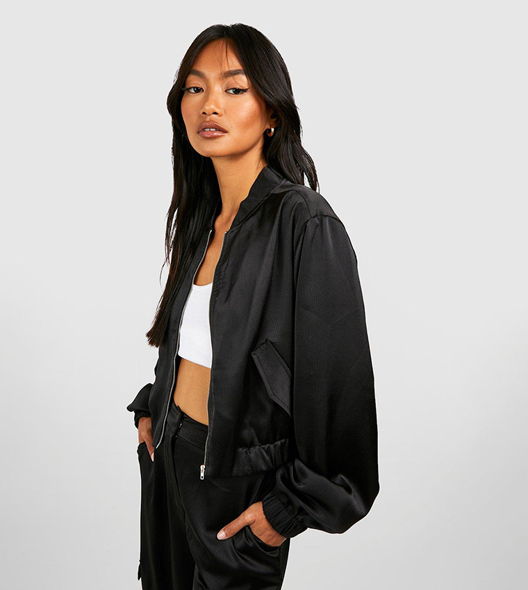 Buy Boohoo Textured Matte Satin Bomber Jacket In Black | 6thStreet ...