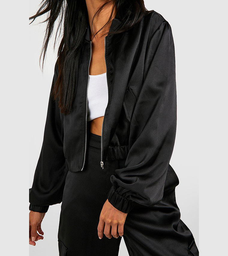 Buy Boohoo Textured Matte Satin Bomber Jacket In Black | 6thStreet ...