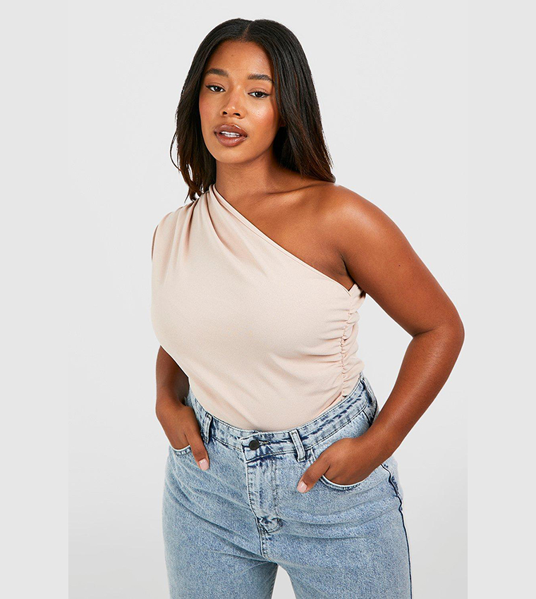Buy Boohoo One Shoulder Ruched Asymmetric Top In Beige | 6thStreet Saudi Arabia