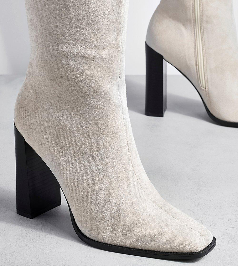 Buy Boohoo Stack Heel Square Toe Knee High Boots In Beige | 6thStreet UAE