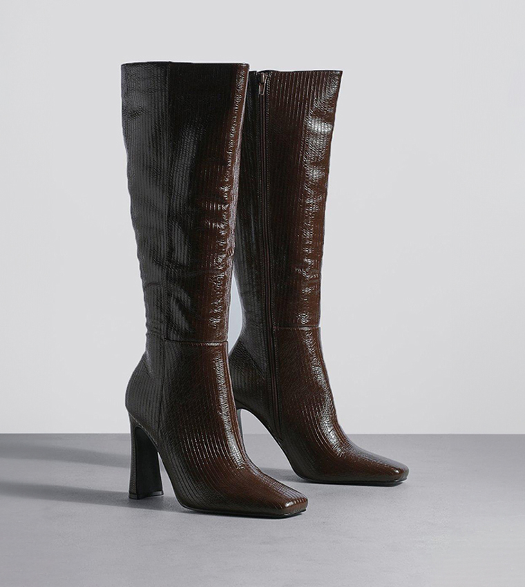 Buy Boohoo Square Toe Flared Heel Knee High Boots In Brown | 6thStreet ...