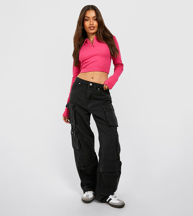 Buy Boohoo Basic Rib Collared Long Sleeve Crop Top In Pink | 6thStreet ...