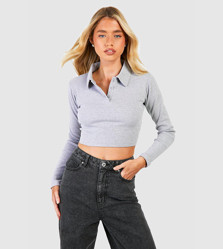 Buy Boohoo Basic Rib Collared Long Sleeves Crop Top In Grey | 6thStreet UAE
