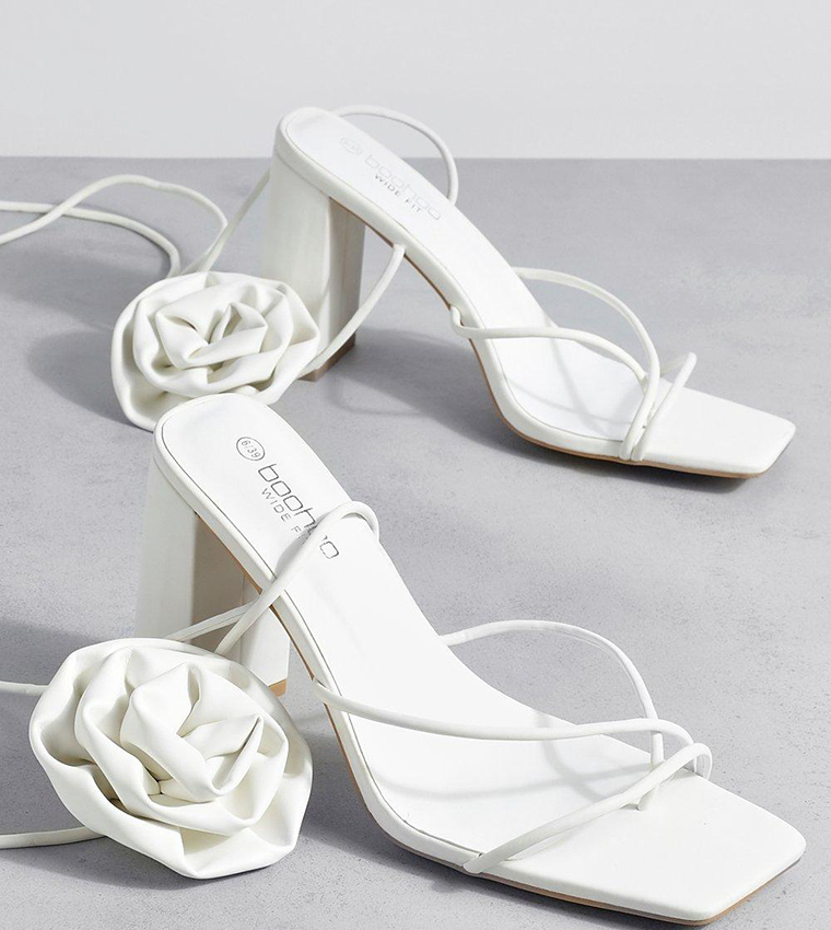 Buy Boohoo Wide Fit Removable Corsage Wrap Up Heels In White ...