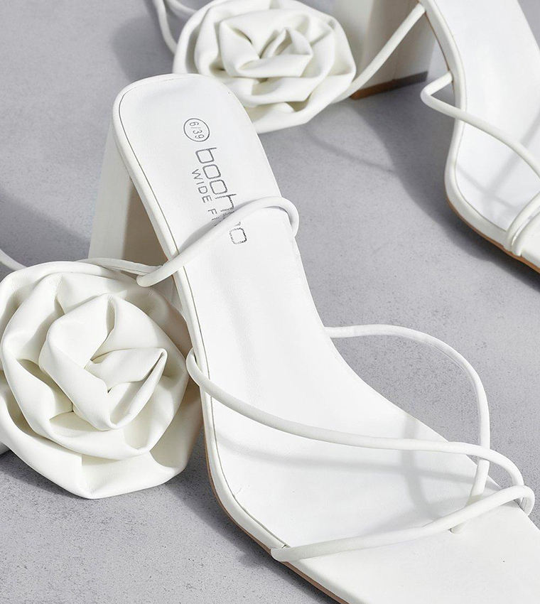 Buy Boohoo Wide Fit Removable Corsage Wrap Up Heels In White ...