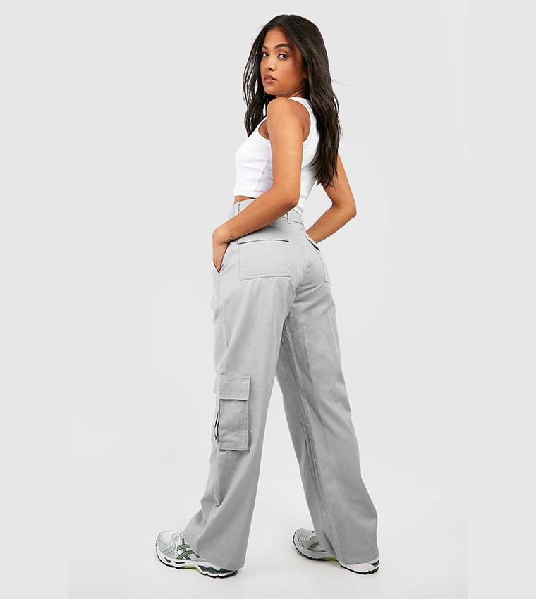 Buy Boohoo Outlet High Waisted Twill Straight Fit Cargo Pants In Grey ...