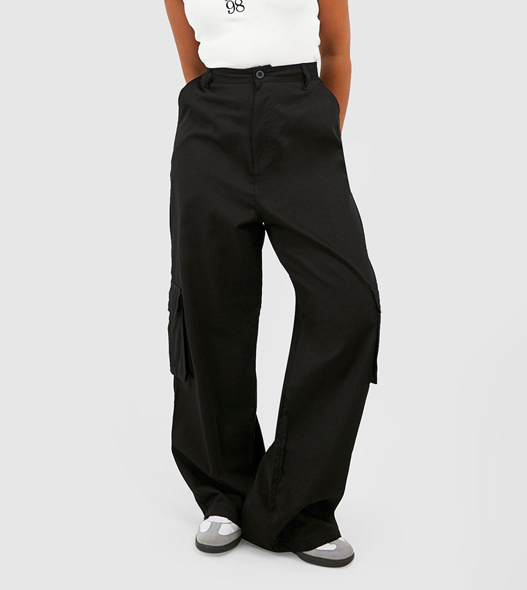 Buy Boohoo High Rise Twill Straight Leg Cargo Pants In Black