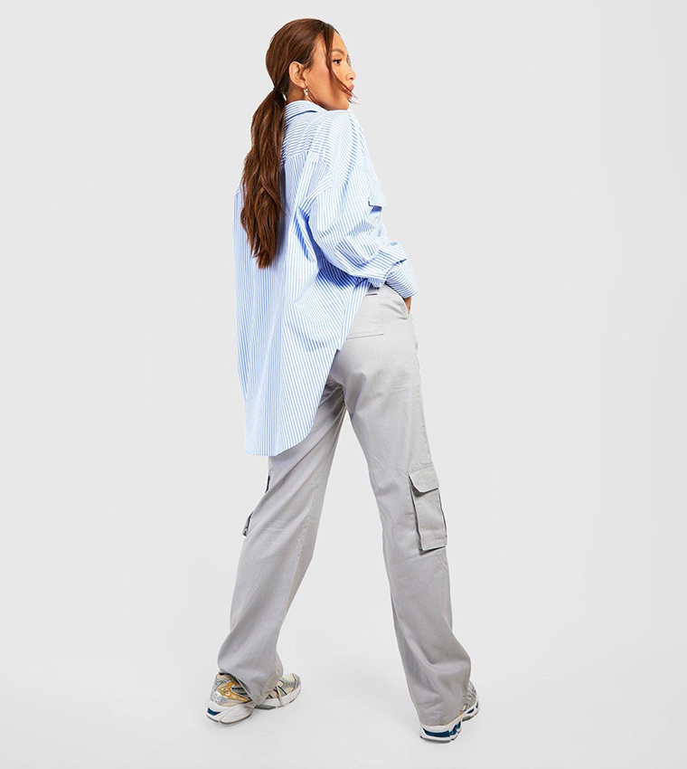 Buy Boohoo Tall High Rise Twill Straight Leg Cargo Pants In Grey