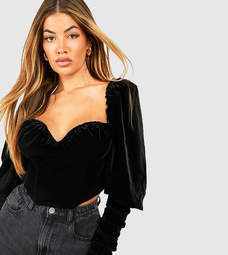 Buy Boohoo Velvet Extreme Puff Sleeves Corset Top In Black | 6thStreet ...