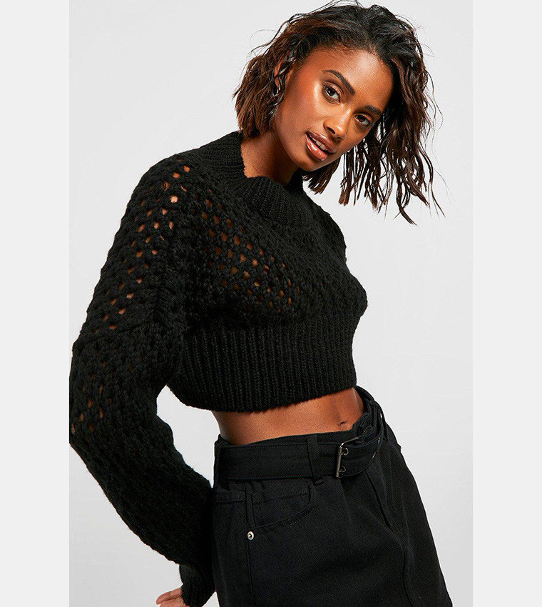 Buy Boohoo Soft Knit Crochet Crop Sweater In Black | 6thStreet UAE