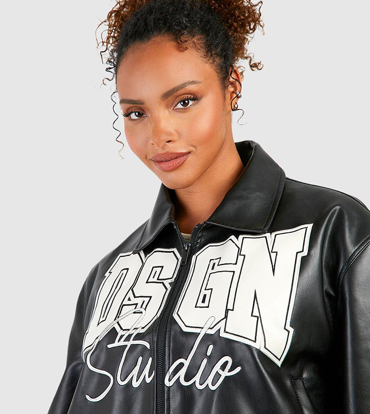 Buy Boohoo Oversized Embroidered Dsgn Studio Faux Leather Bomber In ...