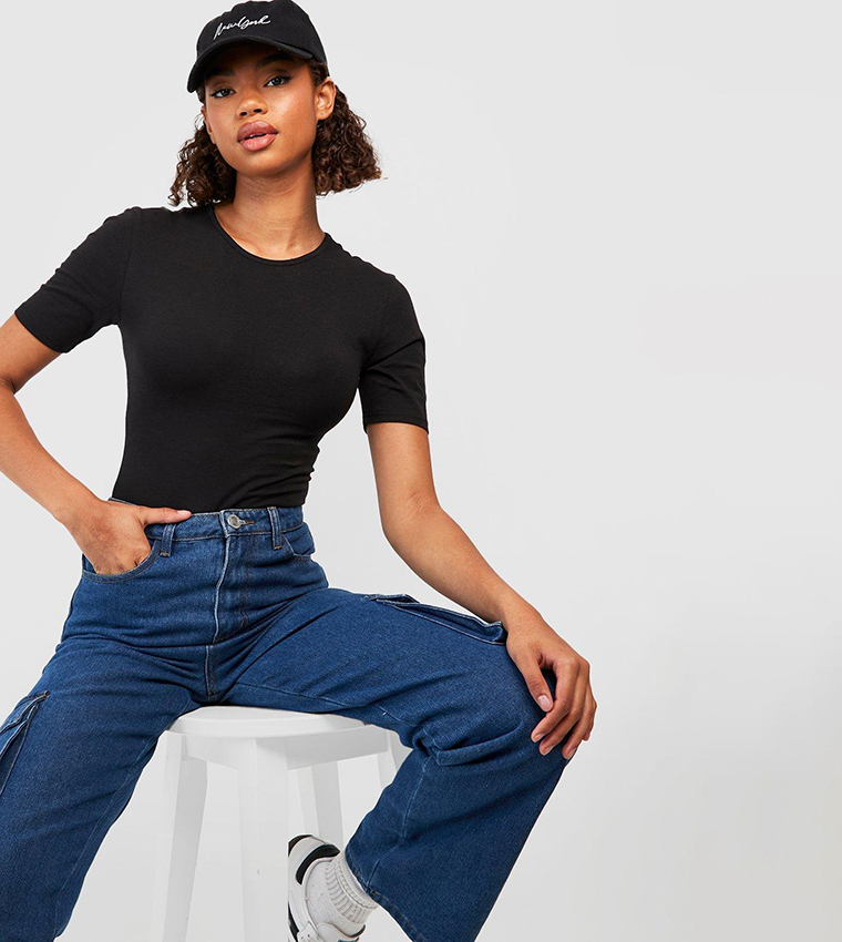 Buy Boohoo Tall Basic Cotton Crew Neck Short Sleeve Bodysuit In Black ...