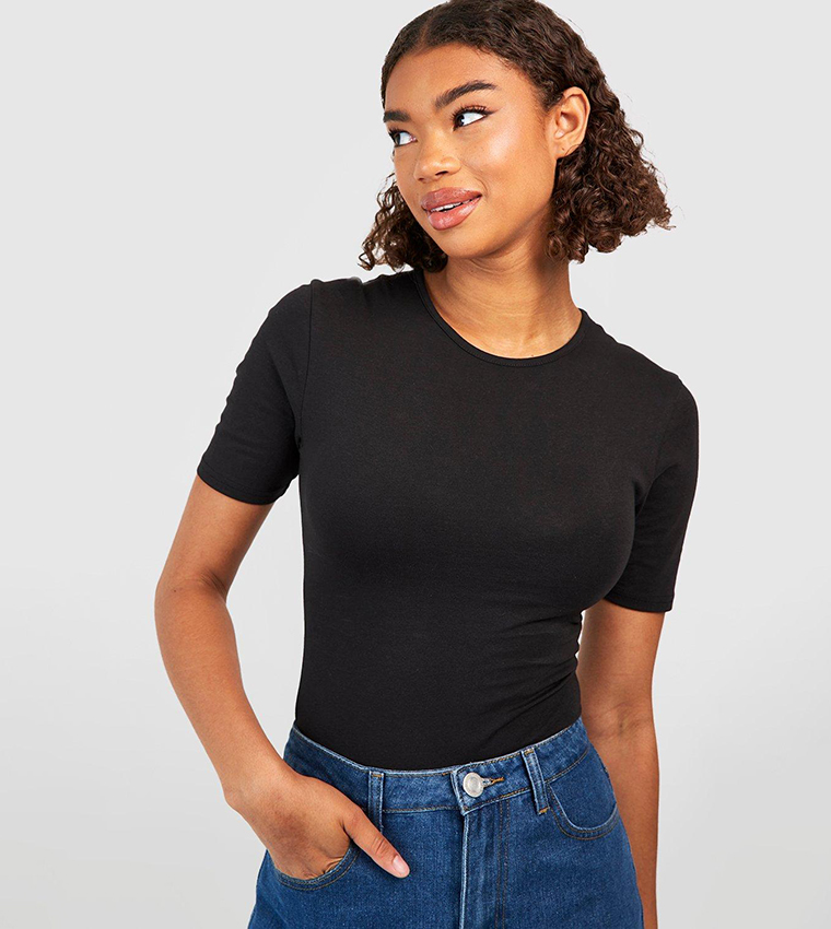 Buy Boohoo Tall Basic Cotton Crew Neck Short Sleeve Bodysuit In Black ...