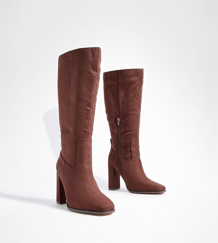 Buy Boohoo Wide Fit Block Heel Knee High Boots In Brown | 6thStreet Kuwait