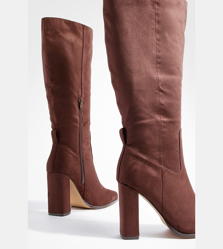 Buy Boohoo Wide Fit Block Heel Knee High Boots In Brown | 6thStreet Kuwait