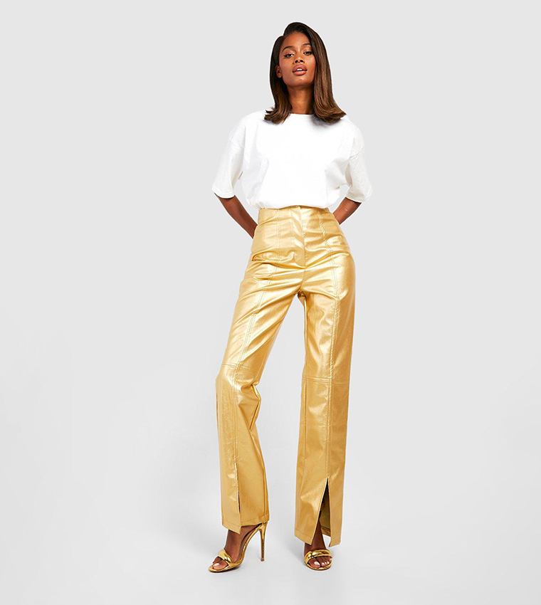 Buy Boohoo Matte Metallic Leather Look Split Front Trousers In Gold ...