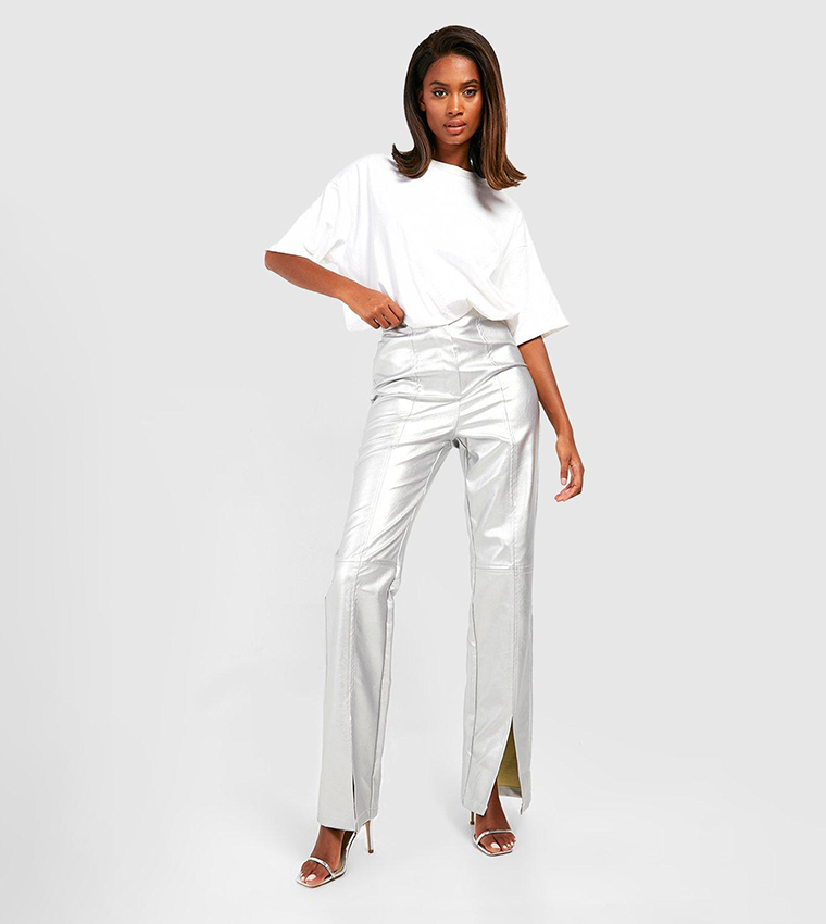 Buy Boohoo Matte Metallic Leather Look Split Front Trousers In Silver ...