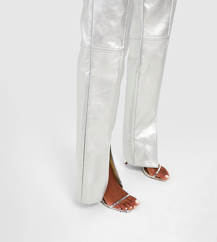Buy Boohoo Matte Metallic Leather Look Split Front Trousers In Silver ...