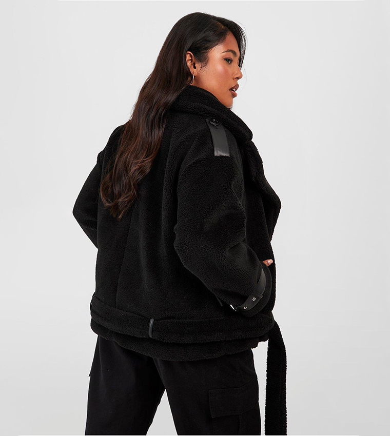 Buy Boohoo Teddy Fur Belted Aviator Jacket In Black | 6thStreet Bahrain