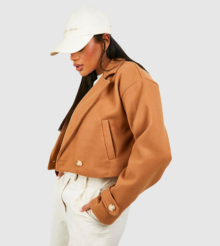 Buy Boohoo Wool Look Crop Trench Jacket In Beige | 6thStreet Kuwait