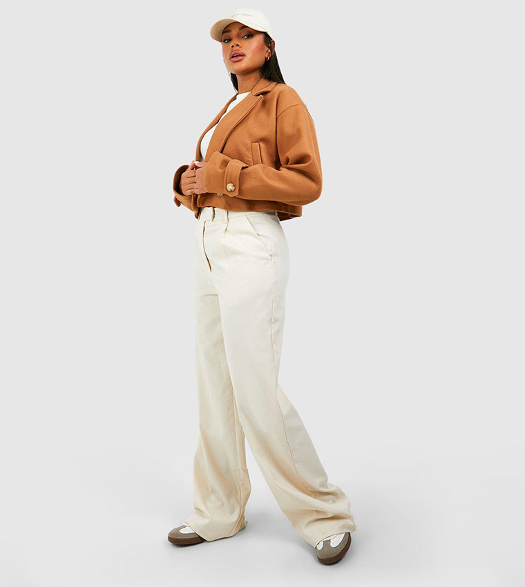 Buy Boohoo Wool Look Crop Trench Jacket In Beige | 6thStreet Kuwait