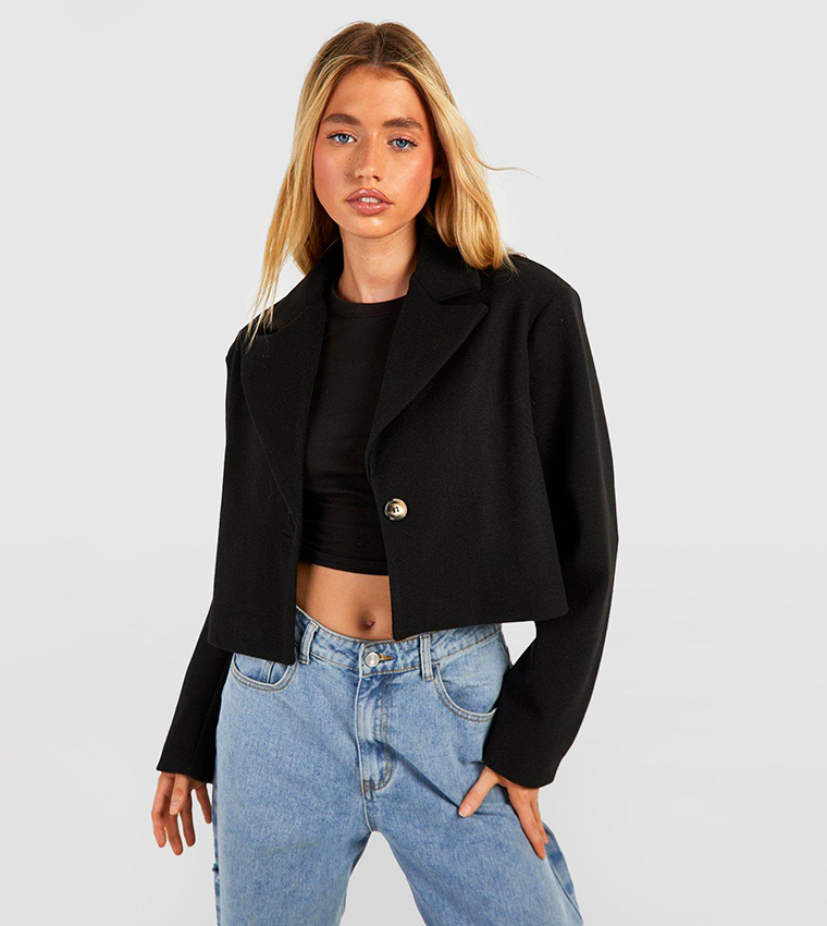 Buy Boohoo Shoulder Pad Boxy Crop Wool Look Jacket In Black | 6thStreet ...