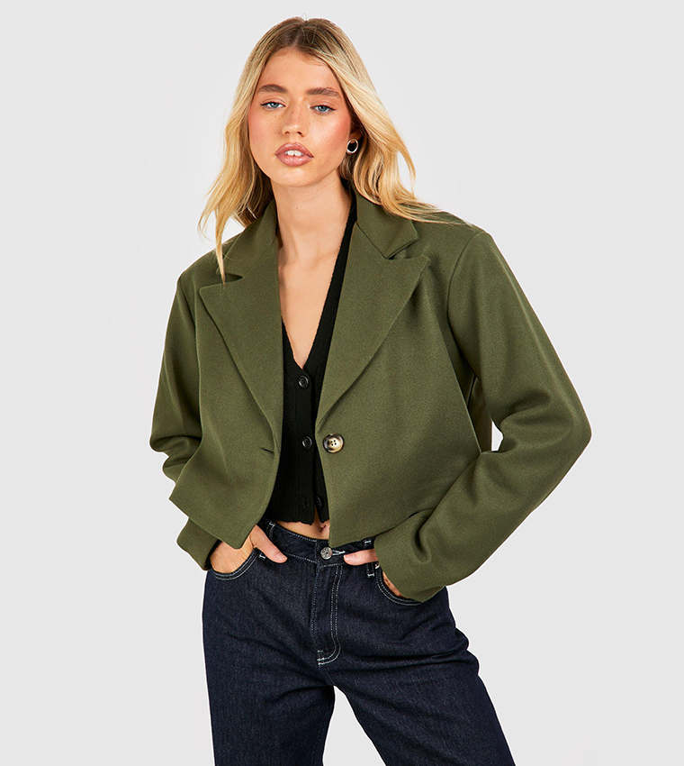 Buy Boohoo Shoulder Pad Boxy Crop Wool Look Jacket In Khaki | 6thStreet ...