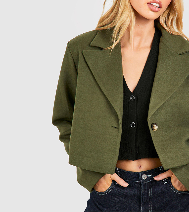 Buy Boohoo Shoulder Pad Boxy Crop Wool Look Jacket In Khaki | 6thStreet ...