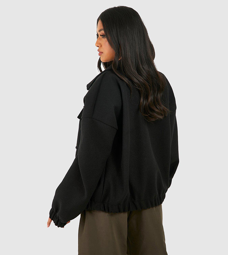 Buy Boohoo Wool Look Pocket Detail Oversized Bomber Jacket In Black ...