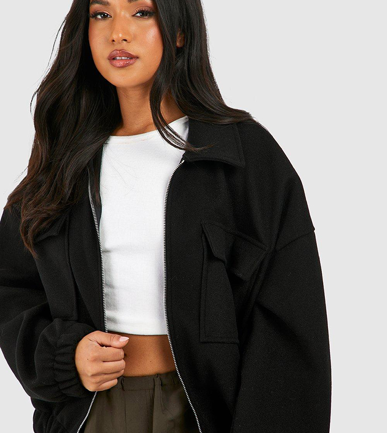 Buy Boohoo Wool Look Pocket Detail Oversized Bomber Jacket In Black ...