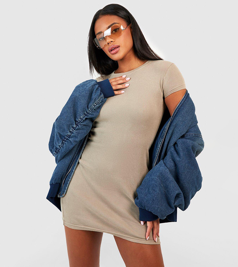 Buy Boohoo Washed Rib Short Sleeves Mini Dress In STONE | 6thStreet Kuwait