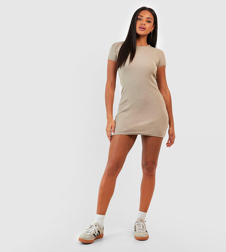 Buy Boohoo Washed Rib Short Sleeves Mini Dress In STONE | 6thStreet Kuwait