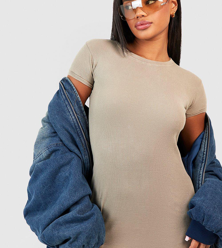 Buy Boohoo Washed Rib Short Sleeves Mini Dress In STONE | 6thStreet Kuwait